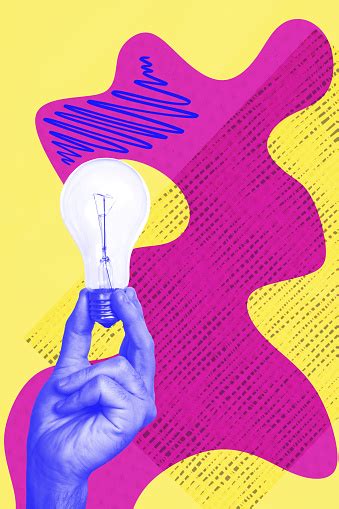 콜라주 경향 삽화 합성 스케치 포스터 기호 몸짓 신체 손 손가락 보류 전등 생각 마음 유레카 브레인 스토밍 창조적 인 광고에 대한 스톡 사진 및 기타 이미지 Istock