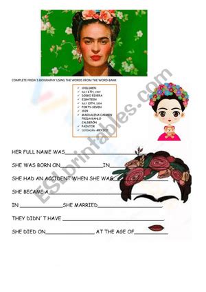 Free Printable Frida Kahlo Worksheet Collection