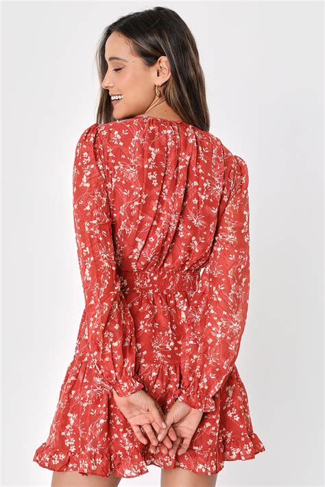 Rust Red Dress Floral Print Dress Long Sleeve Mini Dress Lulus
