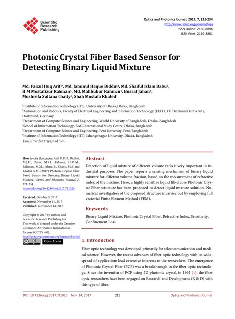 Pdf Photonic Crystal Fiber Based Sensor For Detecting Binary Liquid