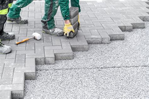 Construction Of A Sidewalk From Concrete Blocks Stock Image Image Of