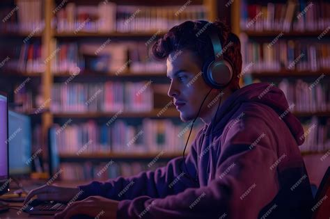 Young Man In Headphones Using Computer In Library At Night Studying