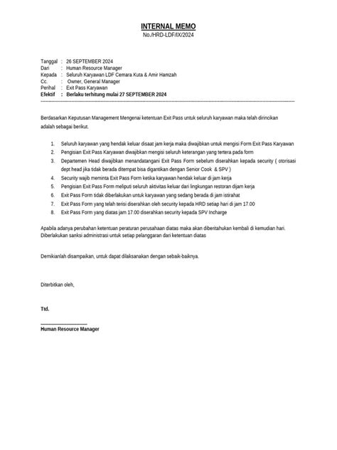 Internal Memo Exit Pass Karyawan Pdf