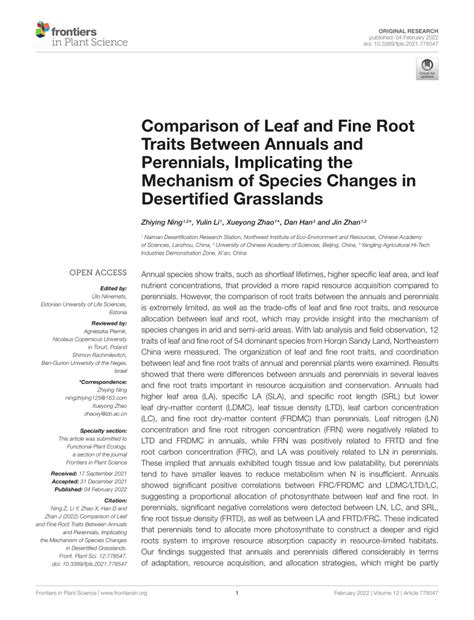 Pdf Comparison Of Leaf And Fine Root Traits Between Annuals And
