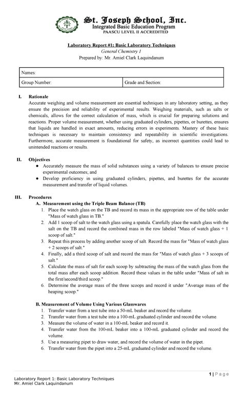 1 Basic Laboratory Techniques Revised Laboratory Report 1 Basic