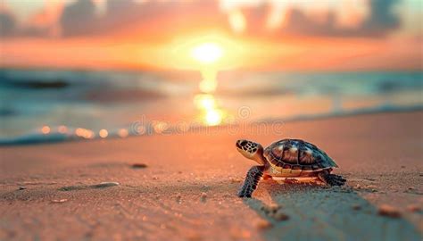Cute Turtle Crawling On Sand Sunset Beauty In Nature Stock Illustration Illustration Of
