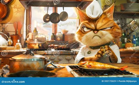 A Grumpy Looking Animated Tabby Cat Chef Is Intently Focused On