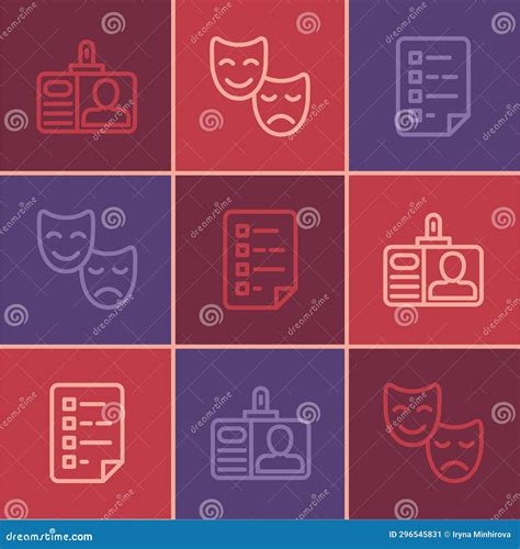 Set Line Identification Badge Clipboard With Checklist And Comedy And Tragedy Masks Icon