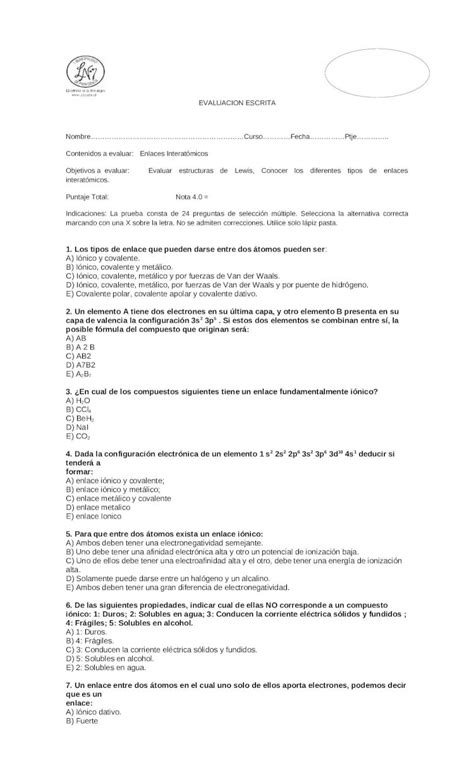 Docx Prueba Enlace Quimico 3º Electivo Dokumentips