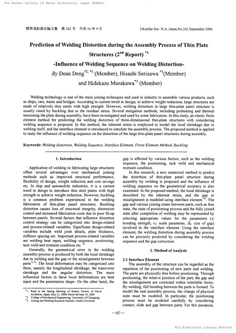 Pdf Prediction Of Welding Distortion Duing The Assembly Process Of Thin Plate Structure