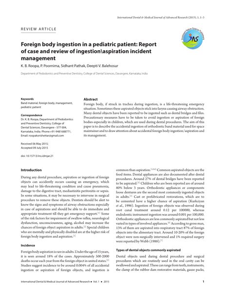 Pdf Foreign Body Ingestion In A Pediatric Patient Report Of Case And