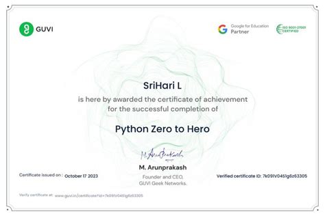 Certificate Of Excellence In Phython Machine Learning Deep Learning Srihari L