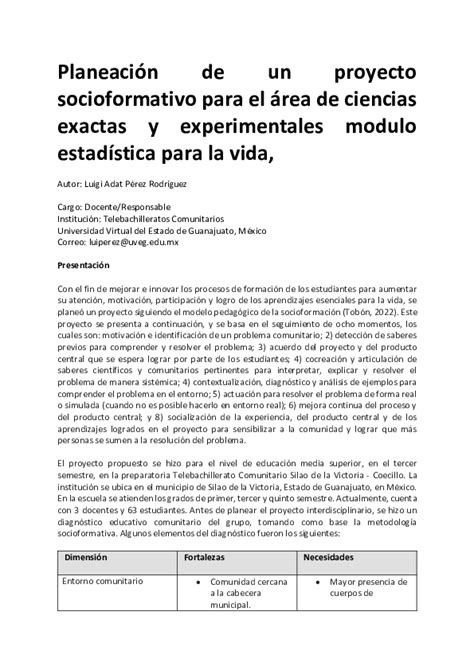 Pdf Planeación De Un Proyecto Socioformativo Para El área De Ciencias