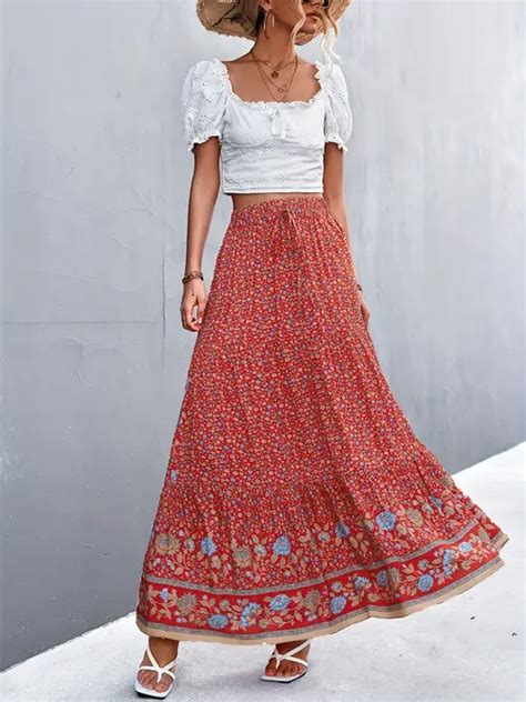 Boho Floral Print High Waist Skirts Vacation Pleated A Line Midi Skirts