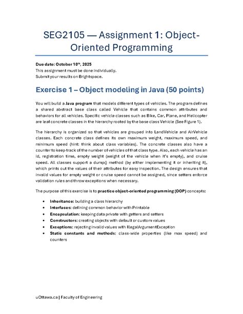 Seg2105 Assignment 1 Object Oriented Programming In Java Studocu