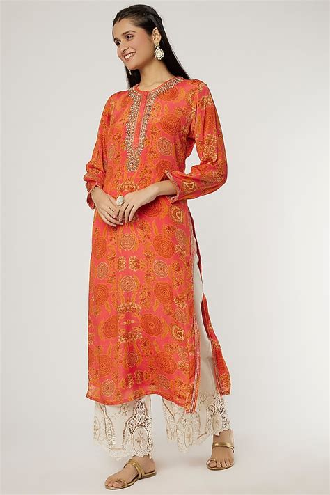 Orange Floral Embroidered Tunic By Gopi Vaid At Pernias Pop Up Shop 2025