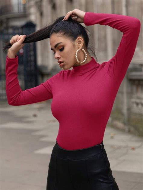 Shein Essnce Mock Neck Solid Ribbed Knit Tee Mock Neck Top Outfit