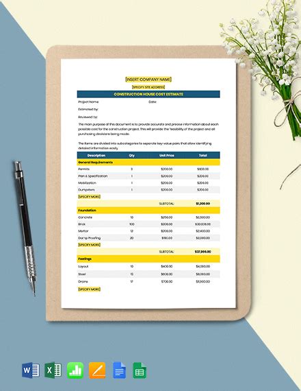Blank Construction Cost Estimate Template Google Docs Word Apple Pages Template Net