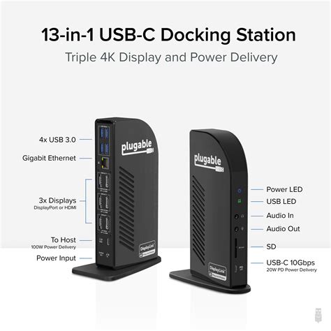 Plugable Usb C 4k Triple Display Docking Station 100w 3x Hdmi And