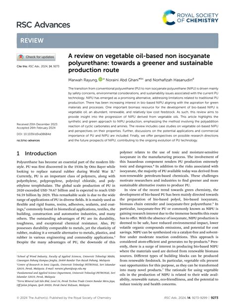 Pdf A Review On Vegetable Oil Based Non Isocyanate Polyurethane Towards A Greener And
