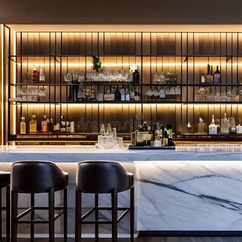 A Stylish Cocktail Bar With A Marble Countertop Modern Bar Stools And