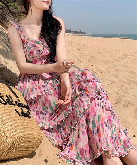 끈나시 뷔스티에 스모크 하이웨스트 캉캉 플리츠 플라워 쉬폰 롱 원피스 봄 여름 화사한 피크닉 나들이룩 해외여행 동남아 휴양지 리조트 비치 드레스 룩