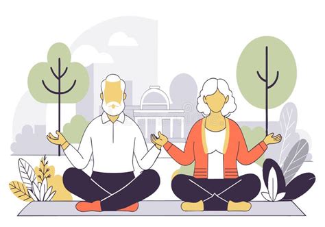 Two Older People Are Sitting On A Mat In A Park Meditating Stock