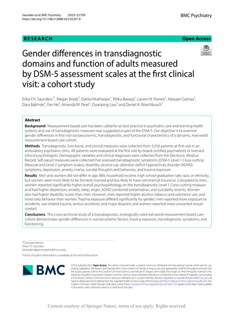Pdf Gender Differences In Transdiagnostic Domains And Function Of