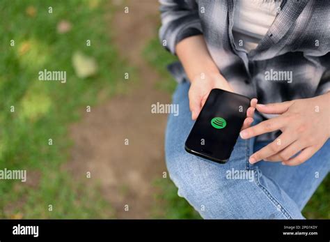 Chiang Mai Thailand March 16 2023 Top View Of A Woman Using Spotify