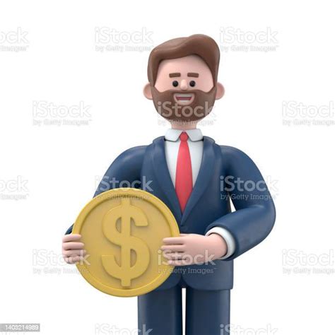 달러 동전을 들고 웃는 사업가 밥의 3d 일러스트레이션 성공과 돈 투자 개념 흰색 배경에 3d 렌더링 남자에 대한 스톡 사진 및