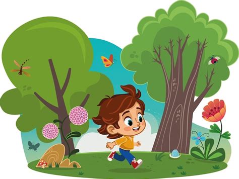 Векторная иллюстрация мальчика бегущего на весеннюю тему Премиум векторы