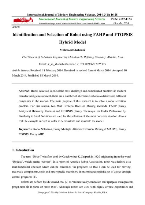 Pdf Identification And Selection Of Robot Using Fahp And Ftopsis