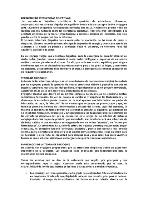 Definición Y Características De Las Estructuras Disipativas Según La