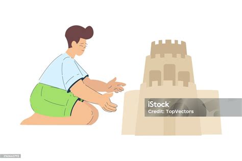 휴가 와 소년 성격 건물 모래 성 즐기는 해변 휴식 벡터 일러스트 개념에 대한 스톡 벡터 아트 및 기타 이미지 개념 건축물