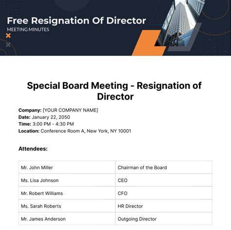 Free Minutes Of Meeting Resignation Of Director Template To Edit Online
