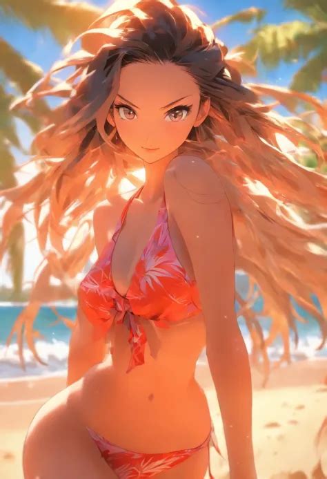 Anime Girl In Bikini On The Beach With Palm Trees In The Beach At A