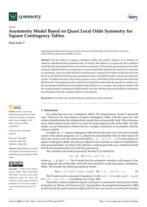 Pdf Asymmetry Model Based On Quasi Local Odds Symmetry For Square Contingency Tables