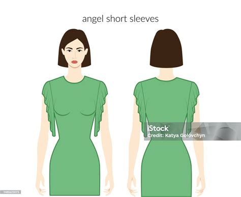 엔젤 슬리브 달메이션 플레어 짧은 길이의 옷 여성용 프릴 드레스 상의 셔츠 테크니컬 패션 일러스트레이션 몸에 꼭 맞습니다 플랫 의류 템플릿 앞면 뒷면 여성 남성 남여 T