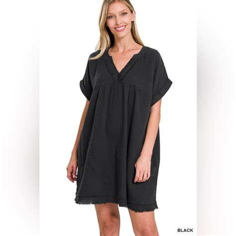 Zenana Outfitters Dresses Zenana Double Gauze Raw Edge Vneck Dress