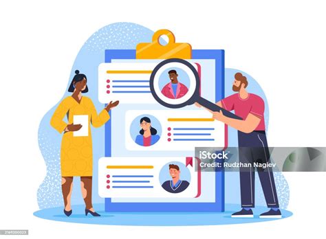 직원 선발 개념 백반증이 있는 여성과 돋보기를 든 남자가 공석 후보자를 평가합니다 인사 관리 팀 헤드헌팅 및 채용 평면 벡터 일러스트 레이 션 검사 보기에 대한 스톡 벡터