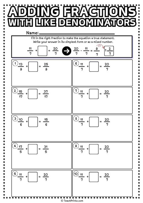 Free Adding Fractions With Like Denominators Worksheets Teach Prints