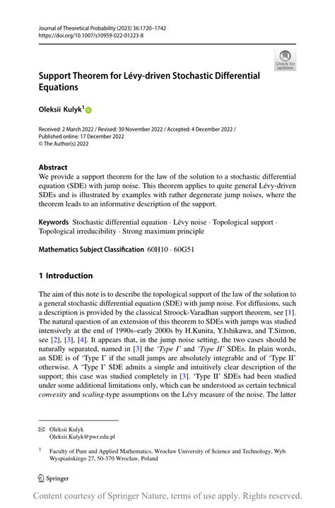 Pdf Support Theorem For Lévy Driven Stochastic Differential Equations