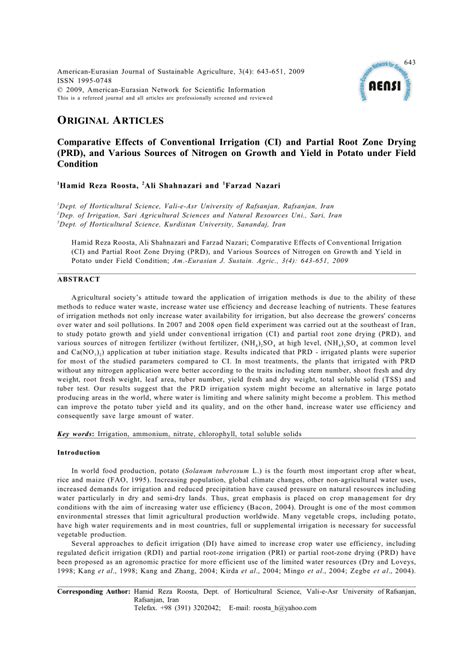 Pdf Comparative Effects Of Conventional Irrigation Ci And Partial Root Zone Drying Prd