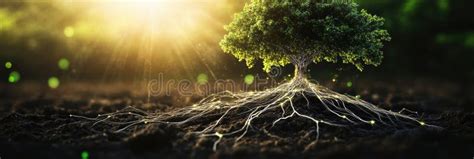 Root Systems Shaped Like Neural Networks Illustrate Organic Intelligence At Sunset Stock Image