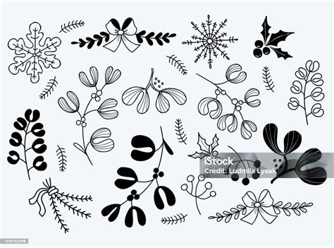 새해 낙서 크리스마스 겨우살이 가지 열매 잎 가문비 나무 가지 식물 눈송이 벡터 일러스트레이션 손으로 그렸다 크리스마스 장식과 식물의 고립 된 요소 호랑가시나무에 대한 스톡