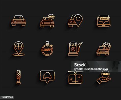 세트 라인 신호등 택시 자동차 케이블카 지도에 손 스톱 워치 24 시간 서비스 및 주유소 또는 주유소 아이콘지도 와지도 포인터를 설정합니다 벡터 24에 대한 스톡 벡터 아트