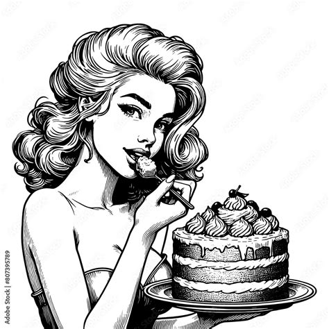 Pin Up Girl Savoring A Piece Of Cake Encapsulating Classic Beauty And