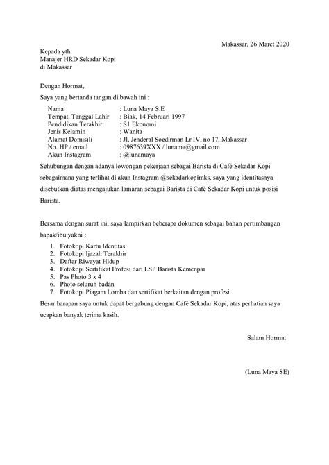 Contoh Surat Lamaran Kerja Sebagai Barista Di Cafe Matamu