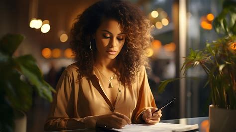 Premium Ai Image Woman Sitting At A Table Writing In A Notebook With
