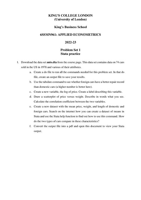 Problemset 1 Problem Set Kings College London University Of